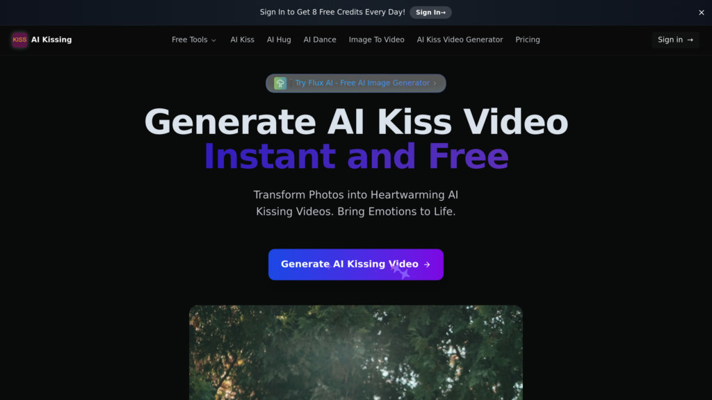 AI Kissing:免費AI平台，將靜態照片轉換為高擬真、富有情感表現的10秒親吻影片。 - MOGE