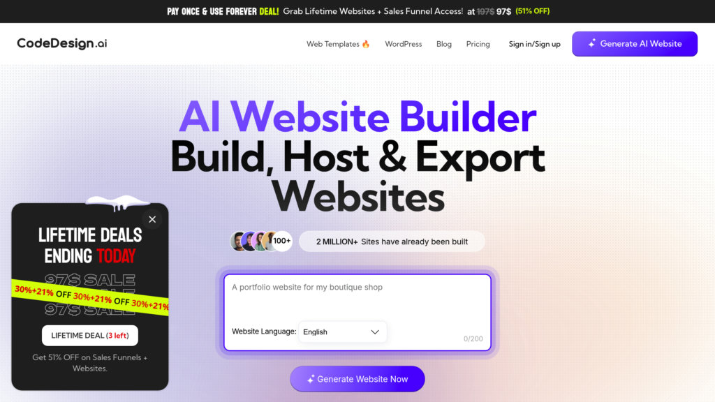 CodeDesign.ai:AI 智能零程式碼網站建置工具，從簡單文字描述快速生成完整響應式網站，並支援多元自訂與發佈選項。 - MOGE