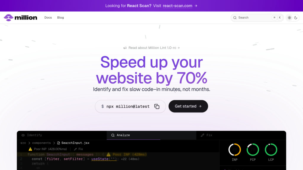 Million:AI 智能驅動的 React 效能優化平台，自動偵測並修復低效程式碼，最高可提升應用速度 70%。 - MOGE