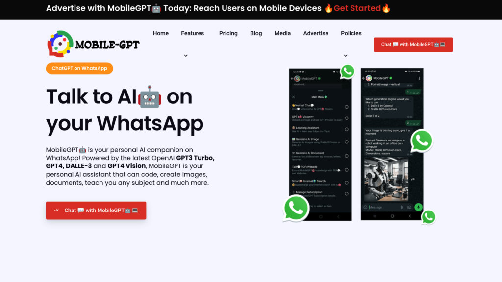 MobileGPT:集成于WhatsApp的AI助手，利用GPT-4及先进AI模型，实现文档创作、图片生成、个性化学习和智能对话。 - MOGE