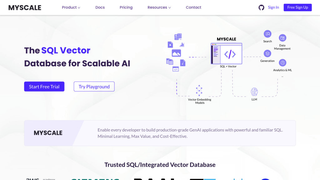 MyScale:一款为 AI 应用优化的高性能、完全兼容 SQL 的向量数据库，将向量检索与 SQL 分析集成于统一平台。 - MOGE