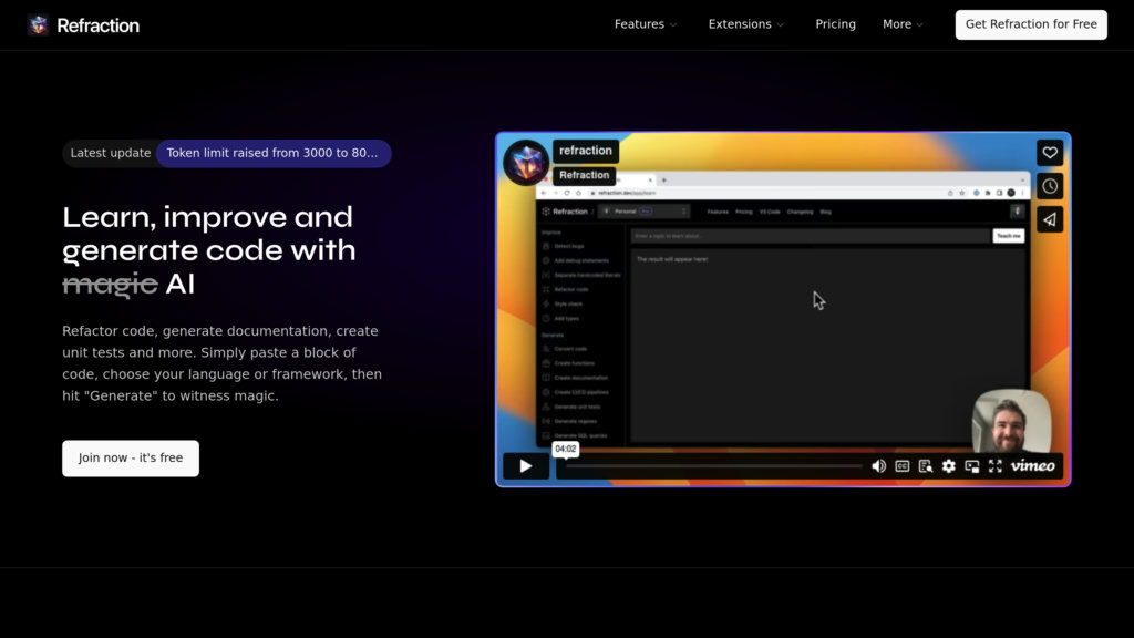 Refraction.dev:AI 驅動的程式碼產生工具，自動化測試、文件、重構等多項任務，支援 56 種程式語言。 - MOGE