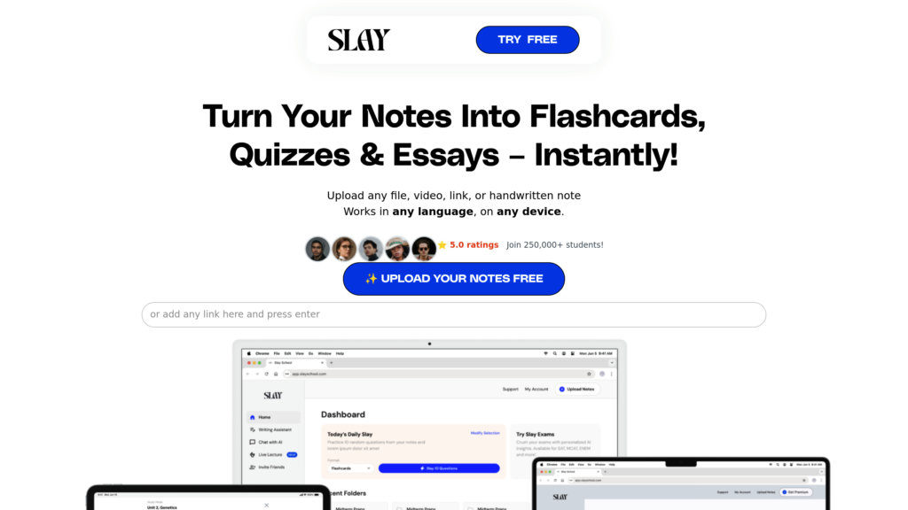 SlaySchool:Plataforma de estudio impulsada por IA que transforma instantáneamente notas, videos ...