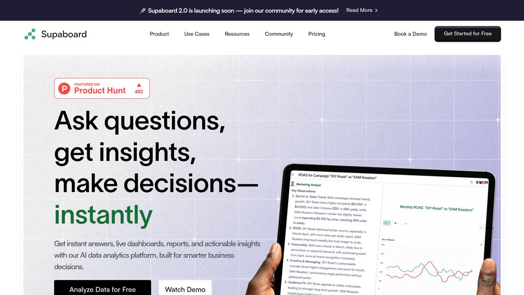 Supaboard AI:最小限の設定で複数ソースからのデータを統合して強力なダッシュボードを作成し、専門AIアナリストを通じて正確な洞察を ...